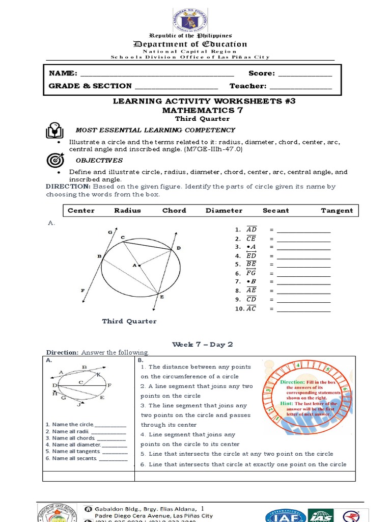 Learning Activity Worksheets #3 Mathematics 7 | PDF | Circle | Angle