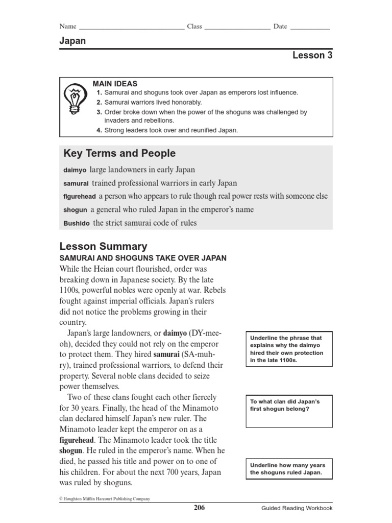 Key Terms and People: Japan Lesson 3 | PDF | Samurai | Shogun