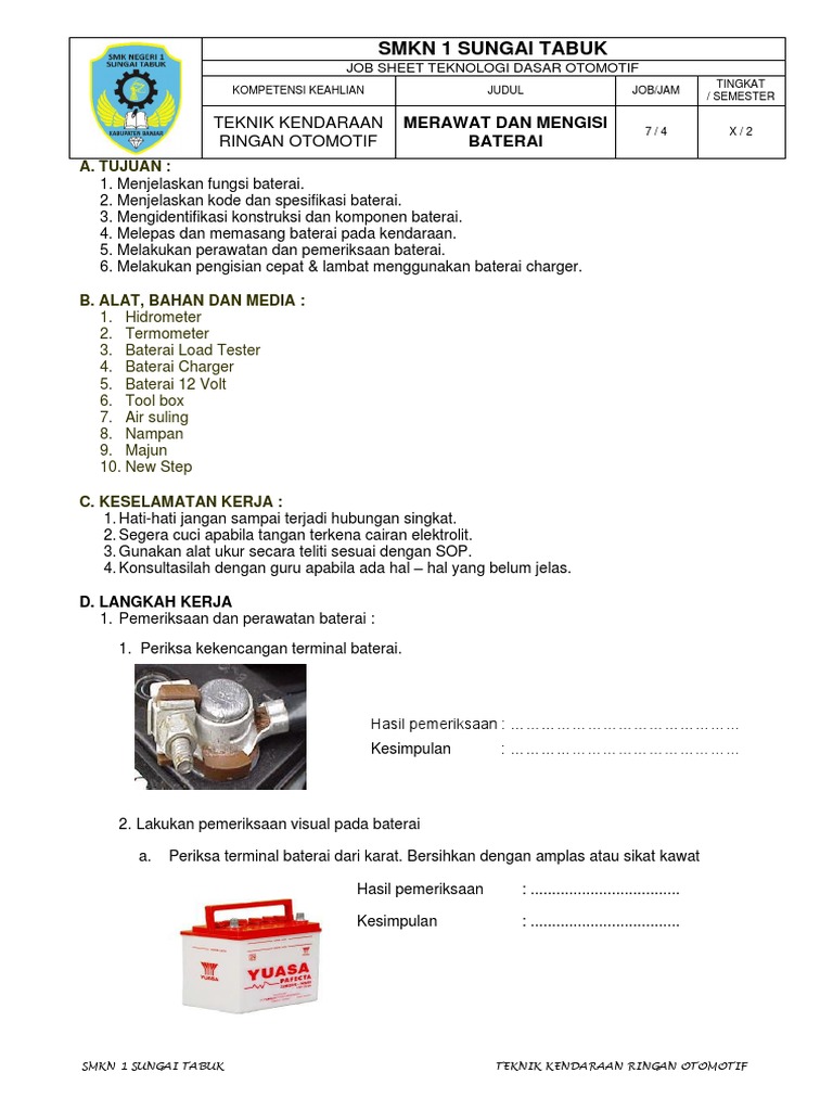 Job Sheet Merawat Baterai | PDF | Komputer | Teknologi & Rekayasa