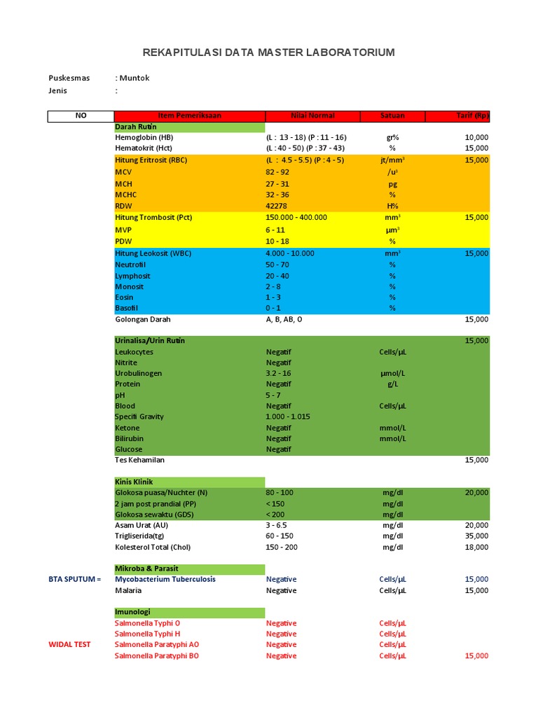 Rekapitulasi Data Master Laboratorium: Puskesmas: Muntok Jenis | PDF ...
