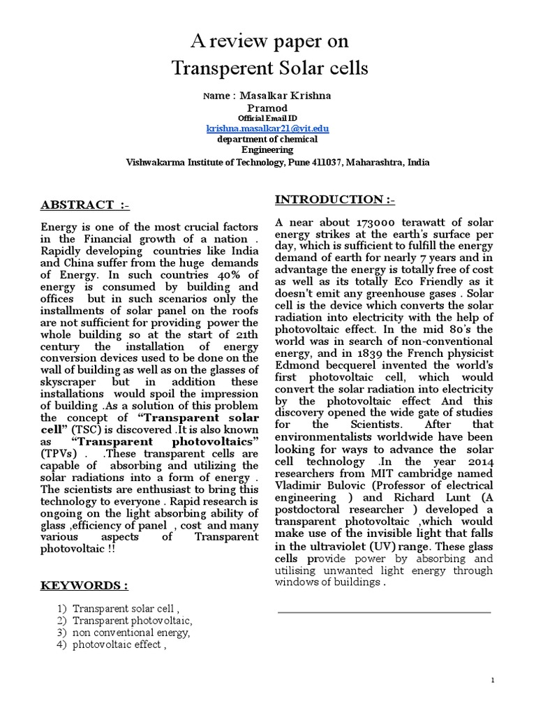 A Review Paper On Transperent Solar Cells: Abstract:-Introduction | PDF ...