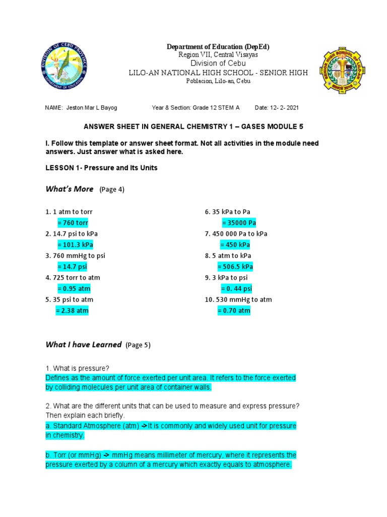 Answer Sheet Format-Gases-Module 5 | PDF | Pascal (Unit) | Atmospheric ...