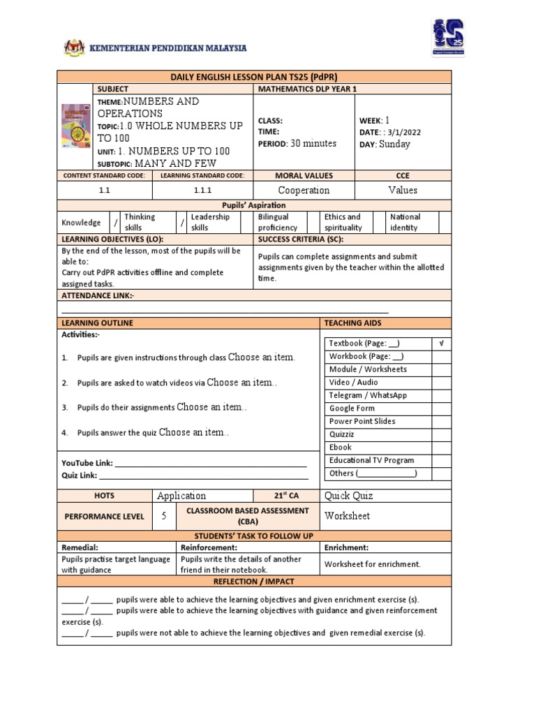 MATH DLP YEAR 1 TS25 PDPR (Template) | PDF | Worksheet | Lesson Plan