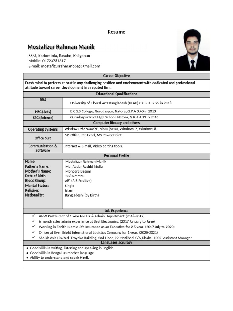 Manik CV | PDF | Bangladesh | Microsoft Windows
