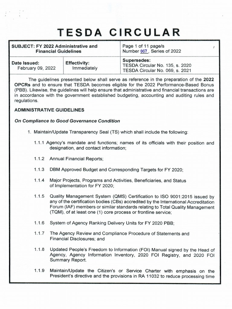 TESDA Circular 007: 2022 Guidelines | PDF | Regulatory Compliance ...