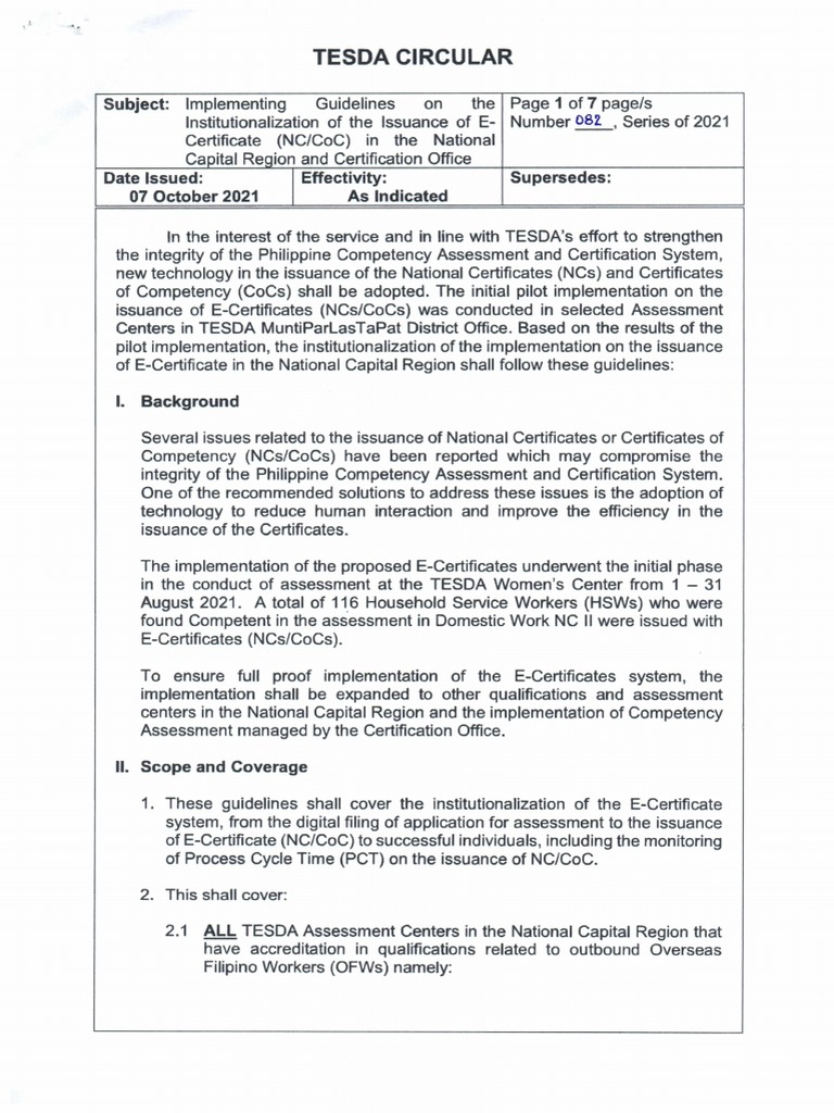 TESDA Circular No. 082-2021 | PDF | Identity Document