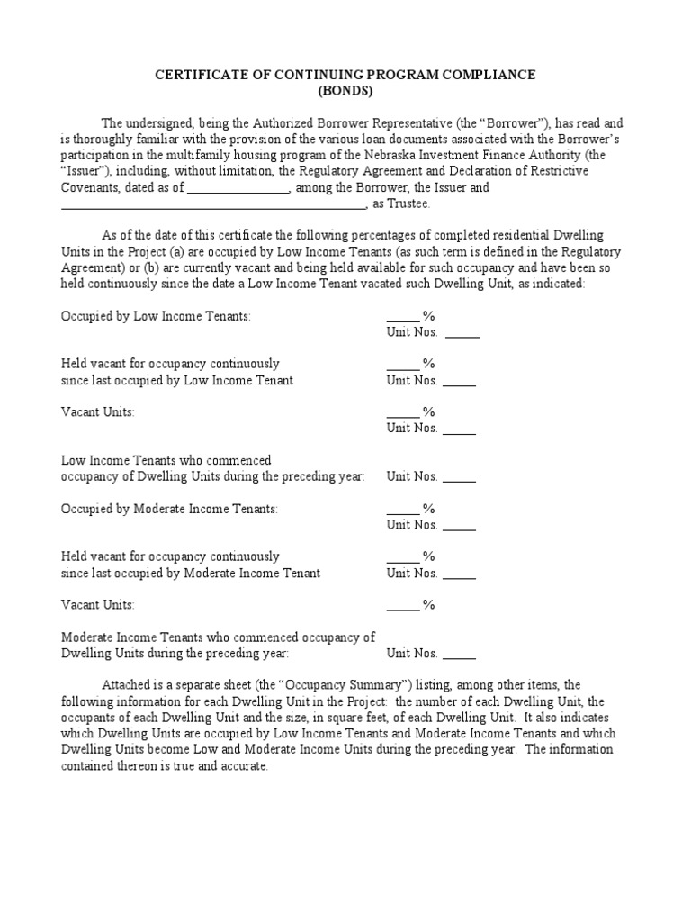 Certificate of Continuing Program Compliance (Bonds) | PDF | Bonds ...