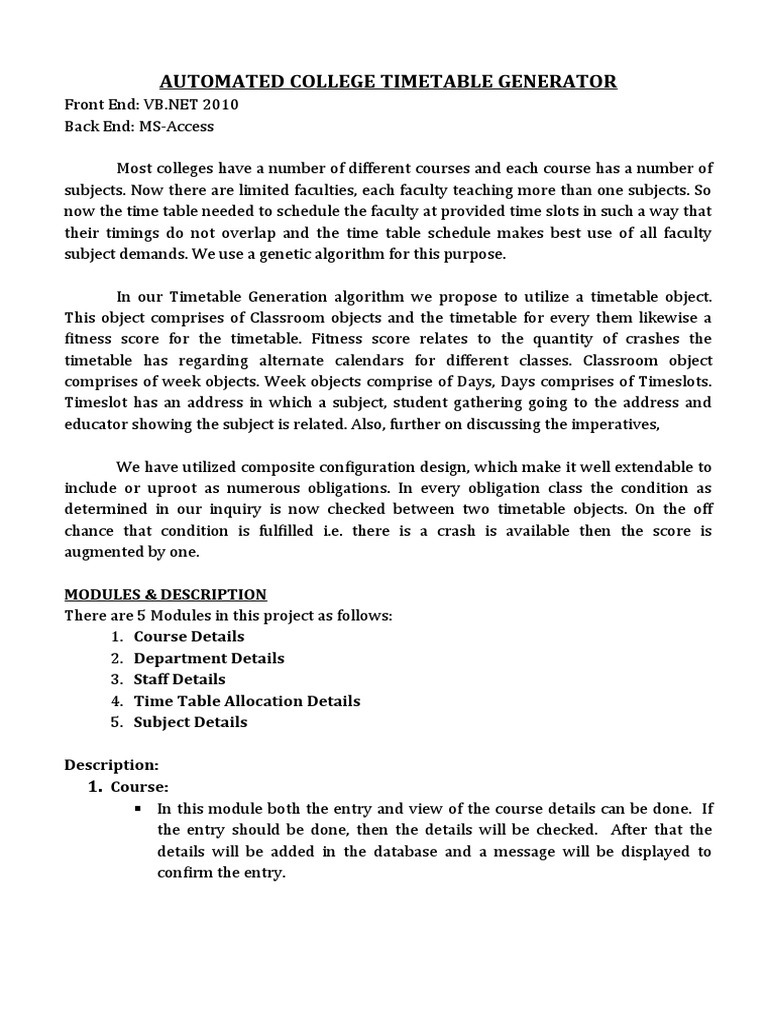 College Timetable Automation Tool | PDF | Databases | Operating System