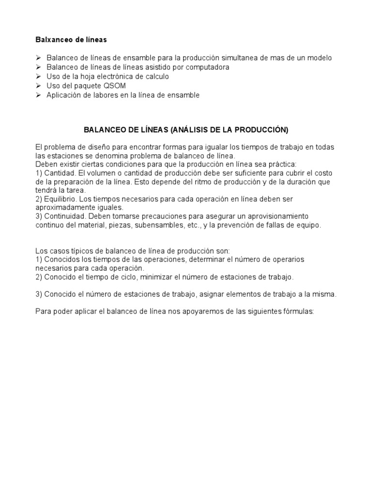 Balanceo de Lineas | PDF | Fórmula | Hoja de cálculo
