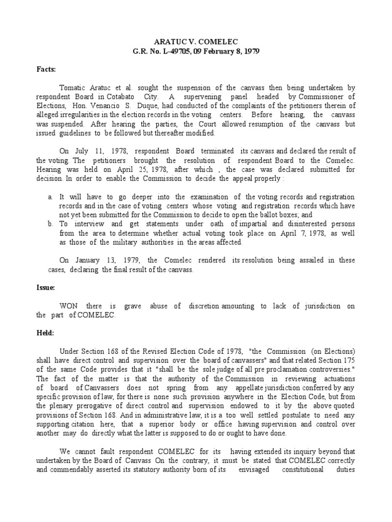 Aratuc V. Comelec G.R. No. L-49705, 09 February 8, 1979 Facts | PDF ...