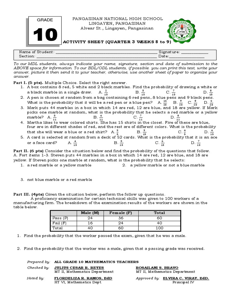 Math 10 Q3 Week 8 To 9 Activity Sheet | PDF | Test (Assessment ...