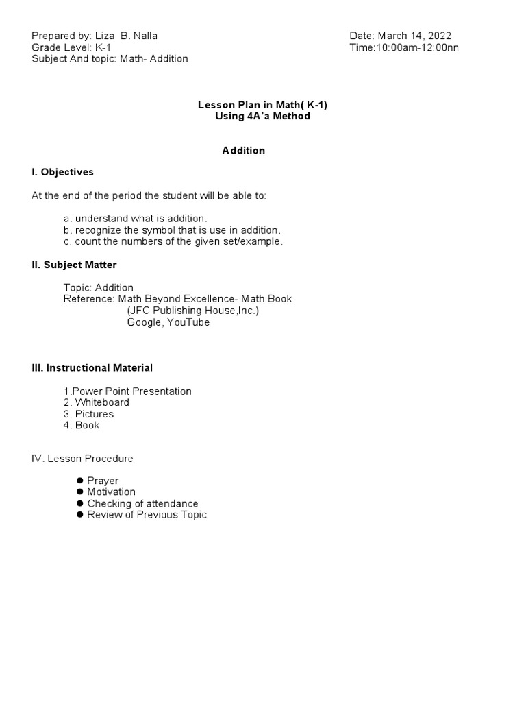 Lesson Plan - Addition | Download Free PDF | Teachers | Lesson Plan