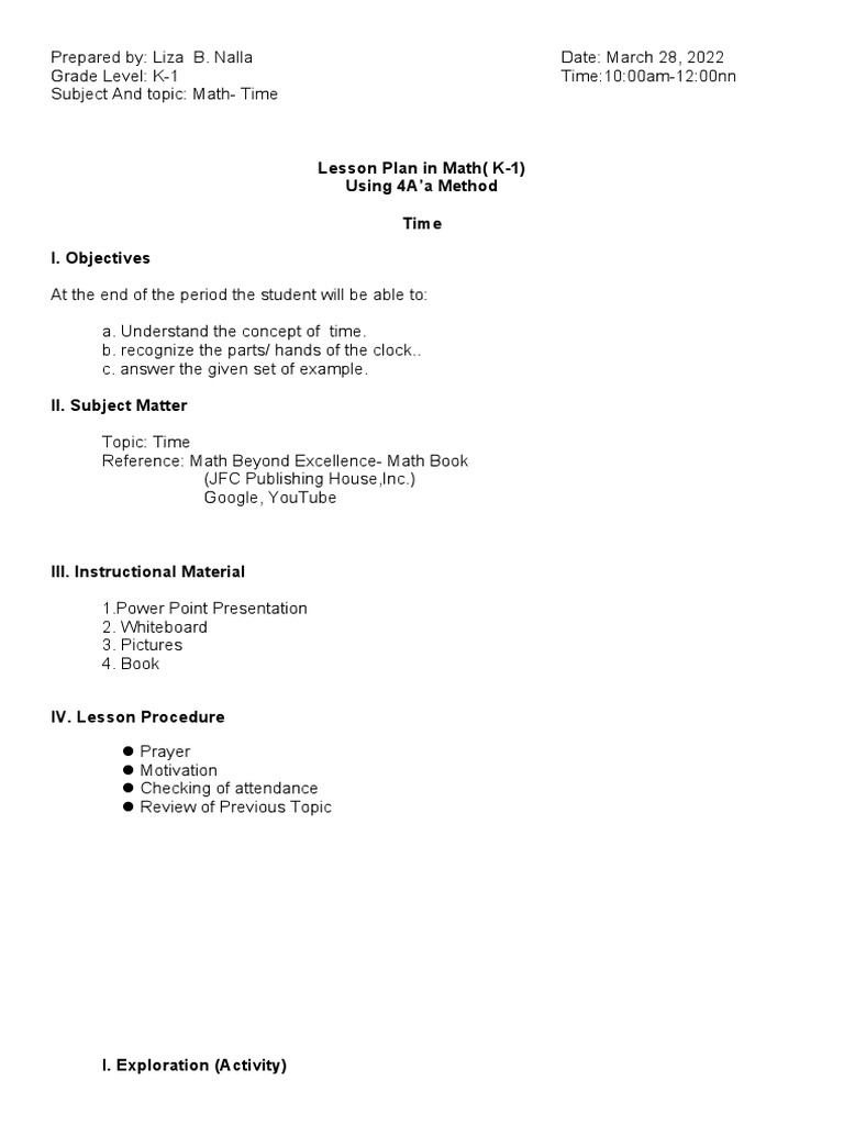 Lesson Lan in Math - Time. | PDF