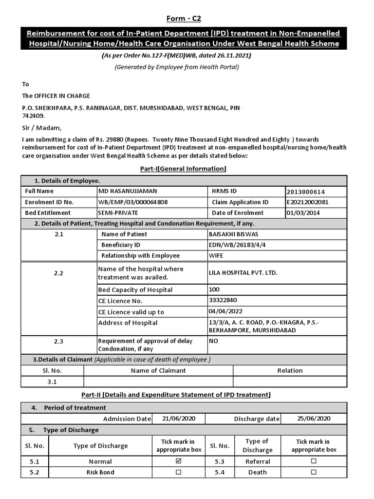 WBHS Ipd App Form Emp | Download Free PDF | Hospital | Patient