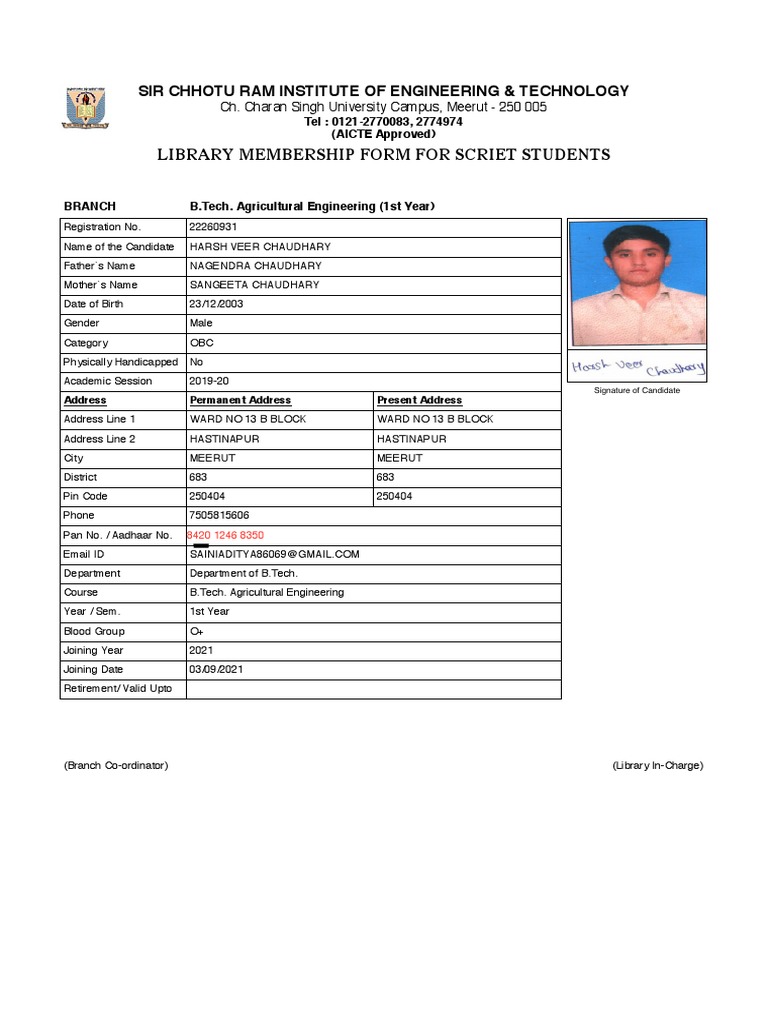 Library Membership Form For Scriet Students: Sir Chhotu Ram Institute ...