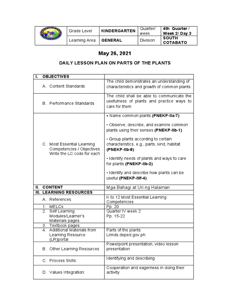 Daily Lesson Plan On Parts of The Plants: KINDERGARTEN Quarter/ 4th ...