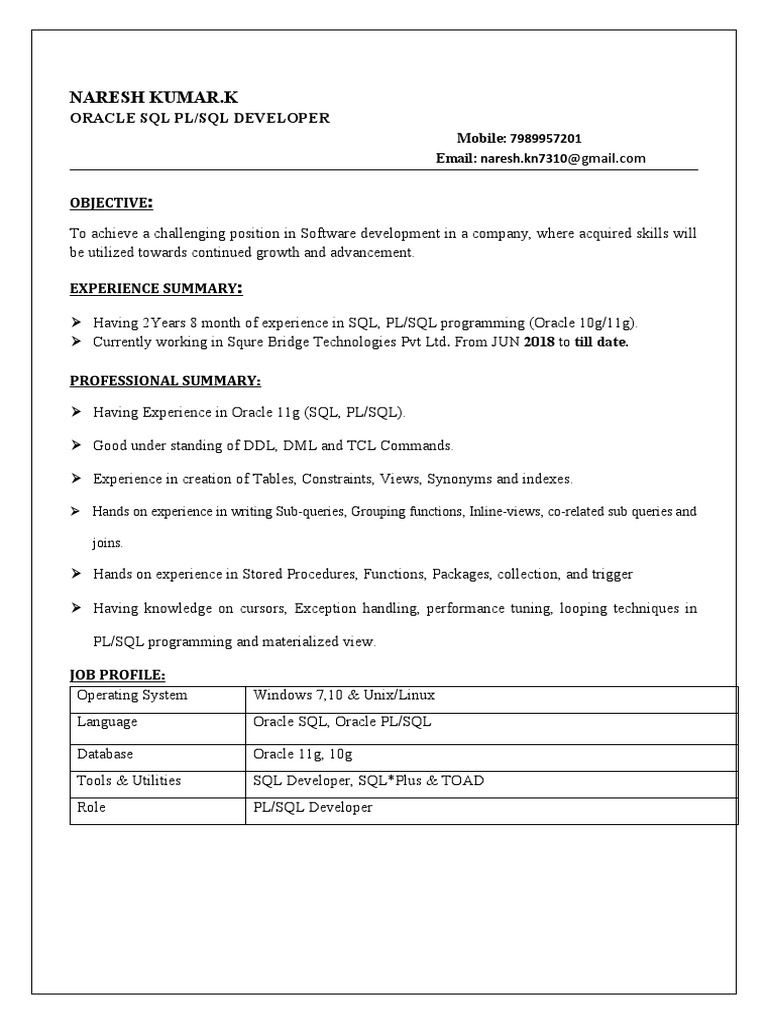 Naresh Kumark Oracle Sql Plsql Developer Mobile Pdf Plsql Sql