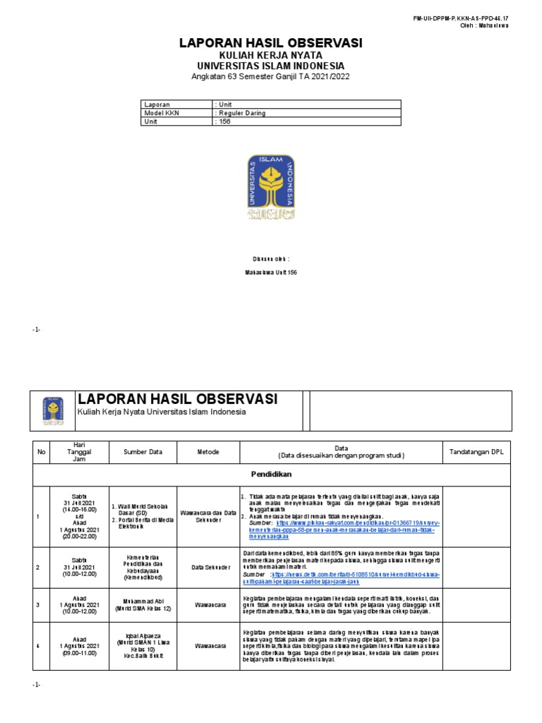 Formulir-Laporan-Hasil-Observasi-KKN-63 UNIT 156 | PDF