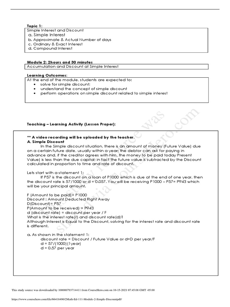 This Study Resource Was: A. Simple Interest | PDF | Discounting | Interest