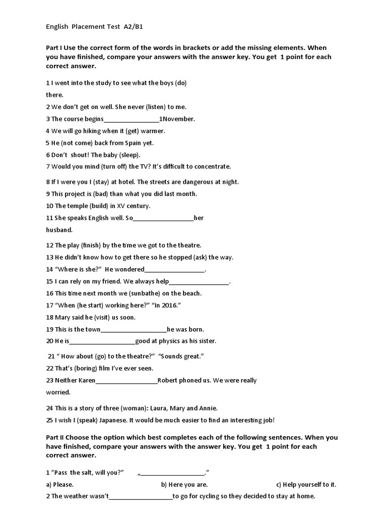 English Placement Test A2/B1 | PDF