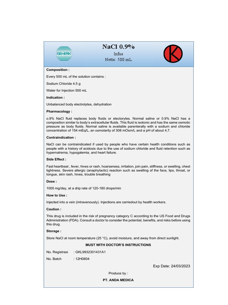 NaCl 0.9% Infusion: Uses & Info | PDF | Saline (Medicine) | Clinical ...