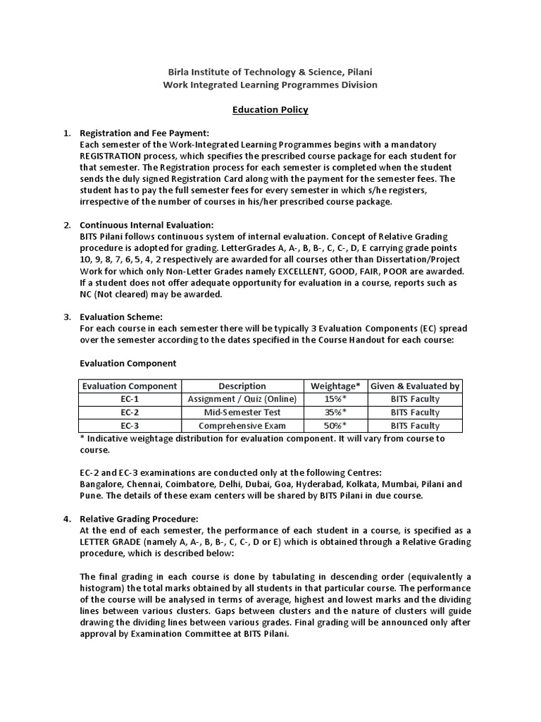 BITS Pilani WILP Education Policy | PDF | Thesis | Academic Term