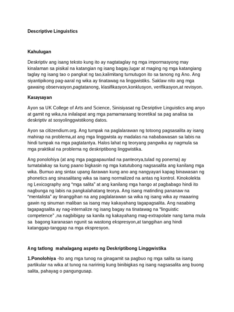 Descriptive Linguistics Written Report 1 | PDF