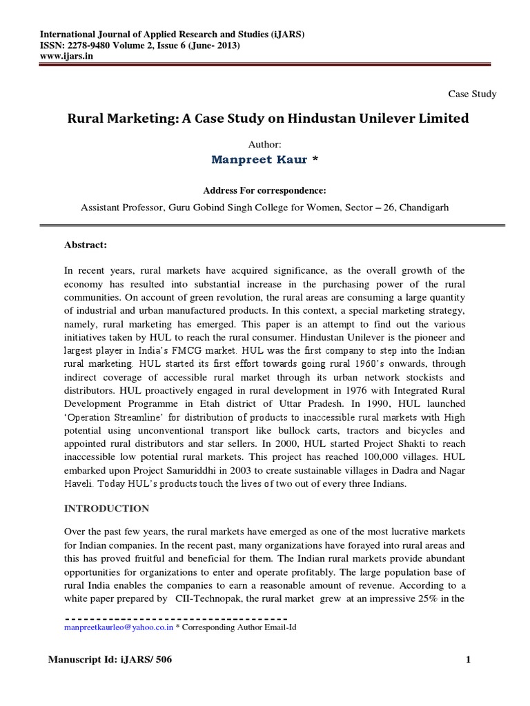 Rural Marketing: A Case Study On Hindustan Unilever Limited: Manpreet Kaur | PDF | Social Science