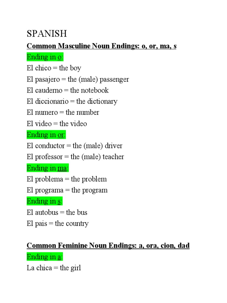 Spanish: Common Masculine Noun Endings: O, Or, Ma, S | Download Free ...