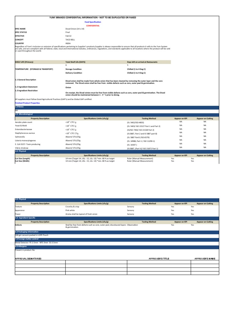 Food Specification - Fresh Produce Cut - Final | PDF | Shelf Life | Foods