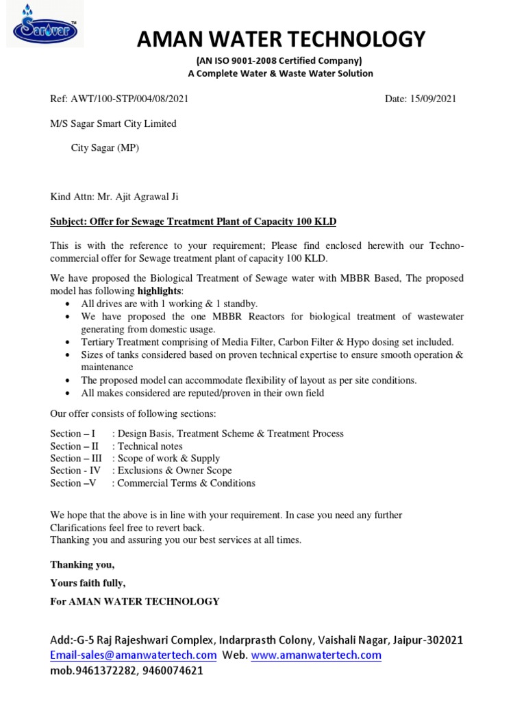 Techno-Commercial Proposal of 100 KLD STP | PDF | Sewage Treatment | Filtration