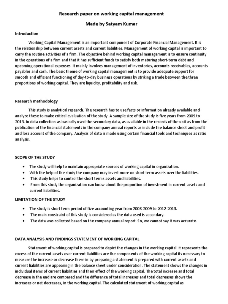 Research Paper On Working Capital Management Made by Satyam Kumar | PDF ...