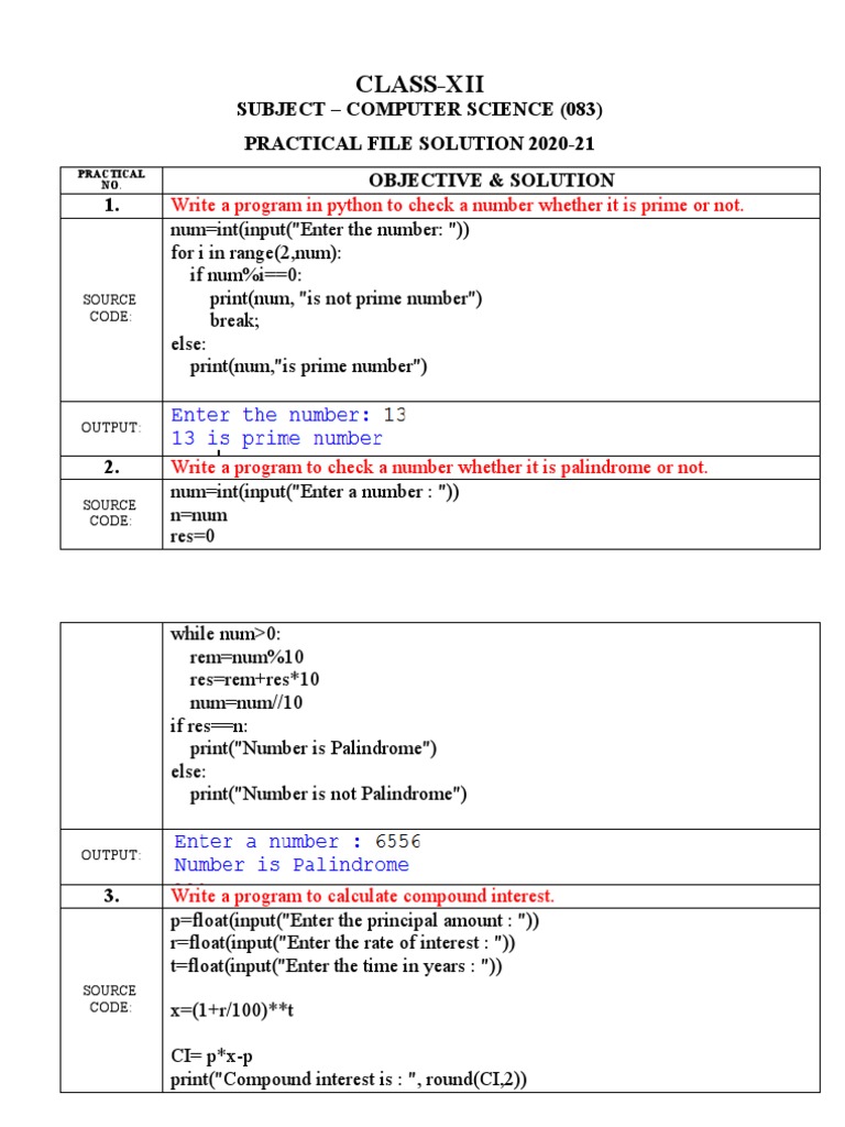 Class-Xii: Subject - Computer Science (083) Practical File Solution ...