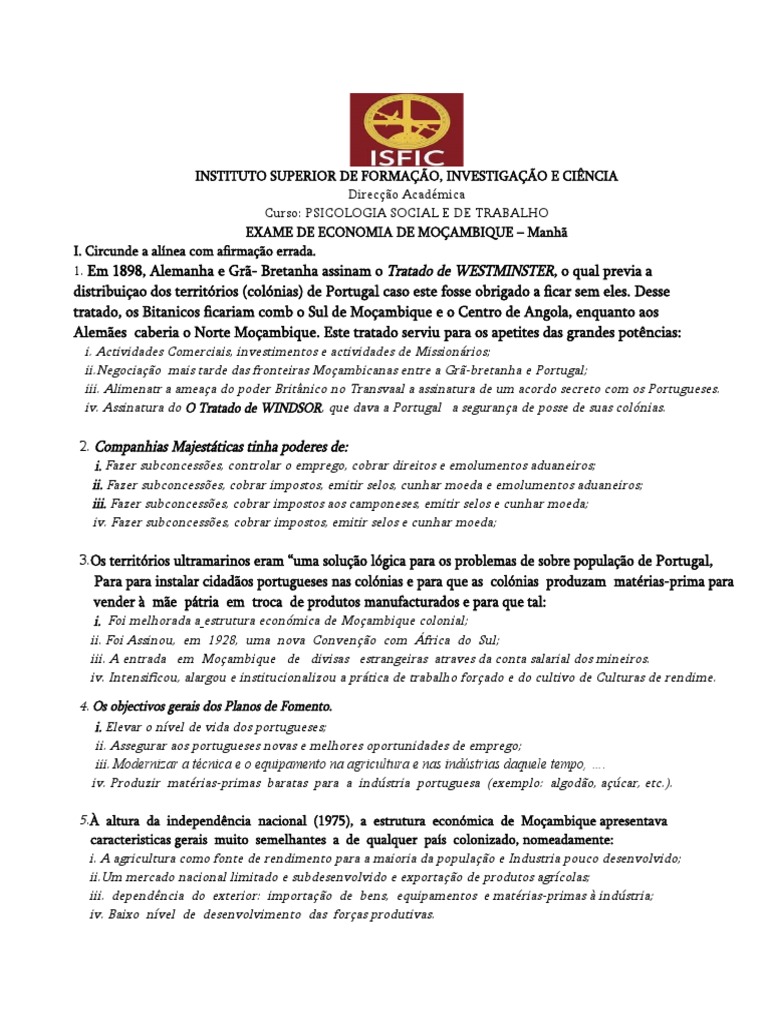 EXAME de Economia de Mocambique ISFIC-Manha | PDF | Moçambique | Portugal