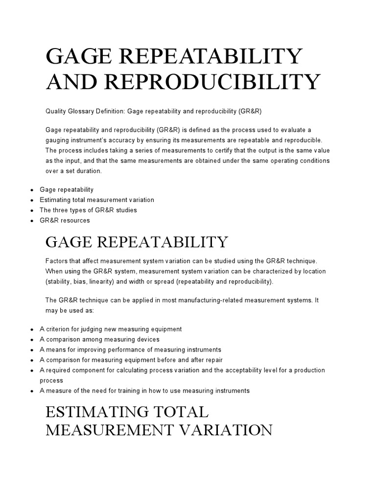 Gage Repeatability and Reproducibility | PDF
