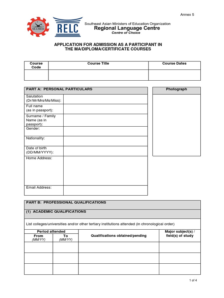 Annex 5 RELC Application Form 2022 | PDF | Academic Degree | Qualifications