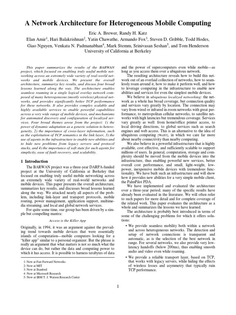 A Network Architecture For Heterogeneous Mobile Computing | PDF | Transmission Control Protocol ...