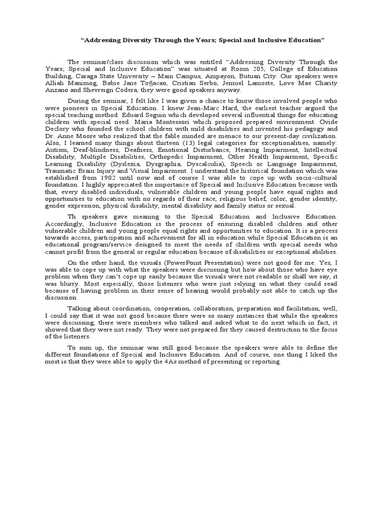 Reflection Paper 1 | PDF | Inclusion (Education) | Disability