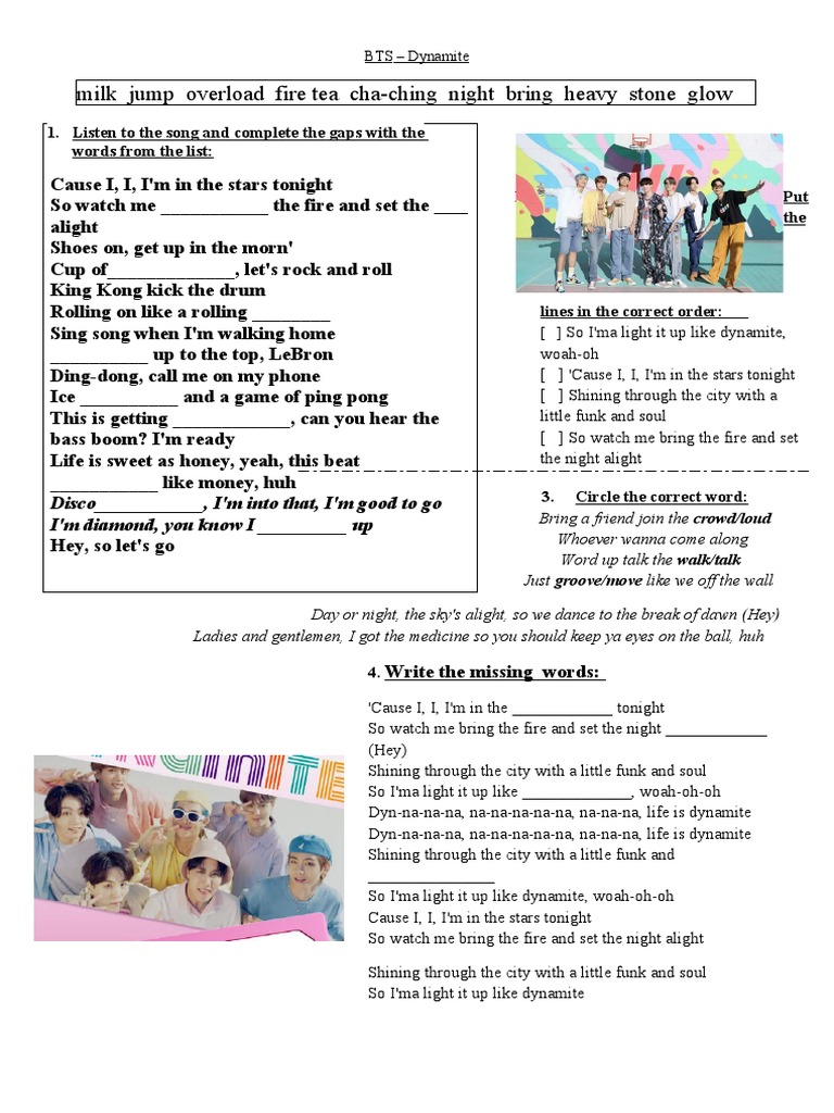 Bts Dynamite Song Worksheet Activities With Music Songs Nursery Rhymes ...