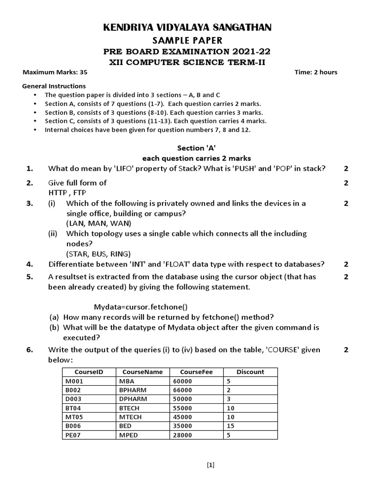 KVS Sample Paper Xii CS 2021 | PDF | Internet & Web | World Wide Web