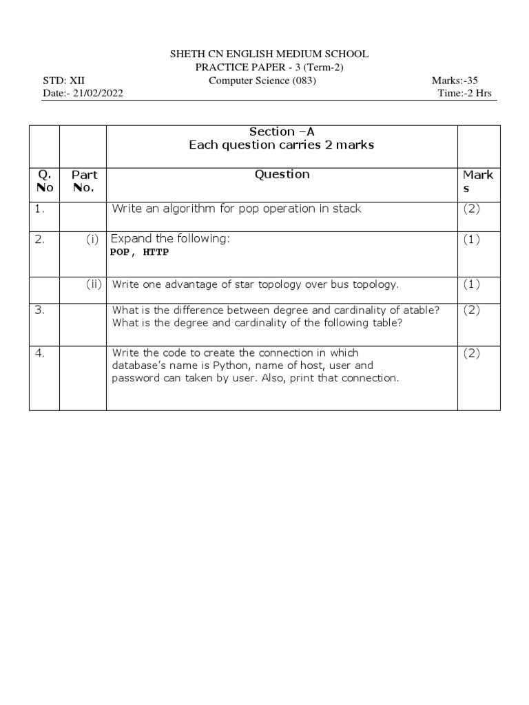 Computer Science - Practice Paper - 3 | PDF | Databases | Computer Data