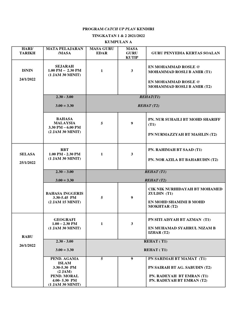 Jadual Catch Up Plan Pdf