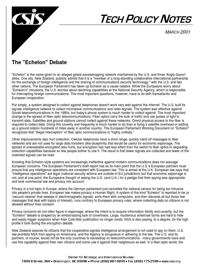 ECH Olicy Otes: The "Echelon" Debate | PDF | National Security Agency ...