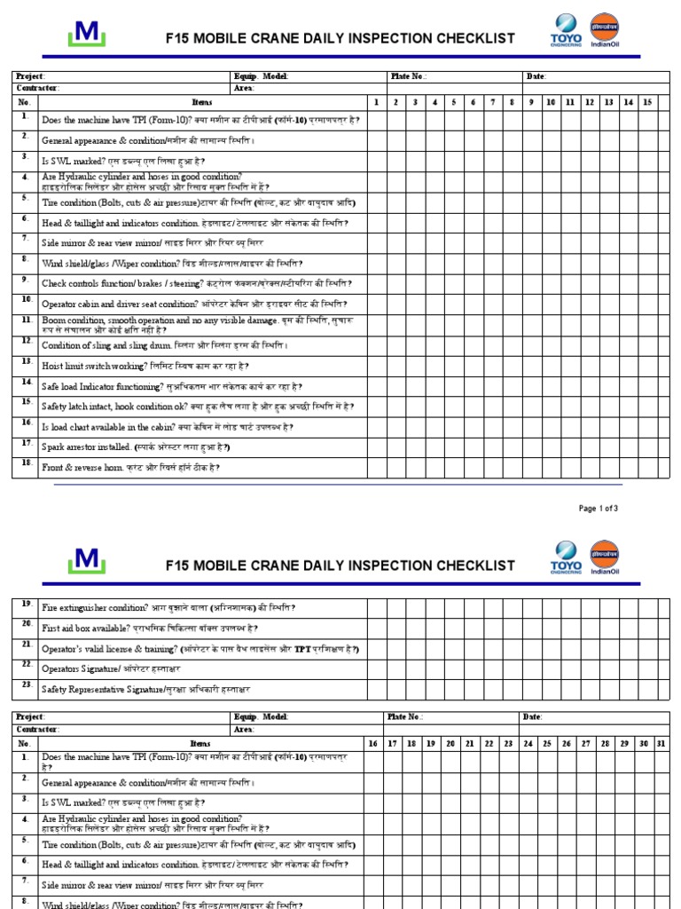 07 Daily Equipment Inspection Checklist For Mobile Crane English Hindi ...