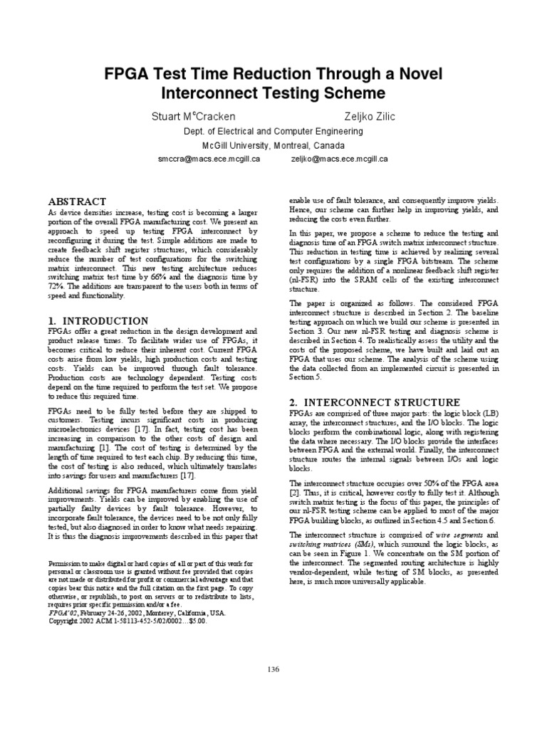 FPGA Test Time Reduction Through A Novel Interconnect Testing Scheme ...