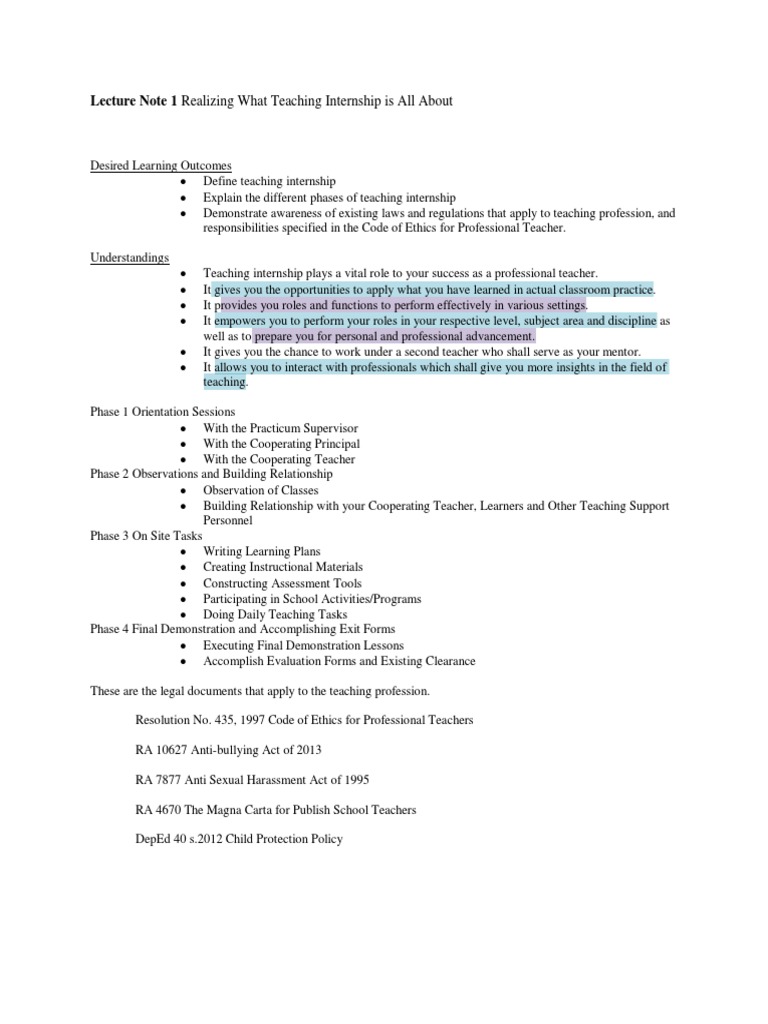 Educ 10 Lecture Note 1 Realizing What Teaching Internship Is All About ...