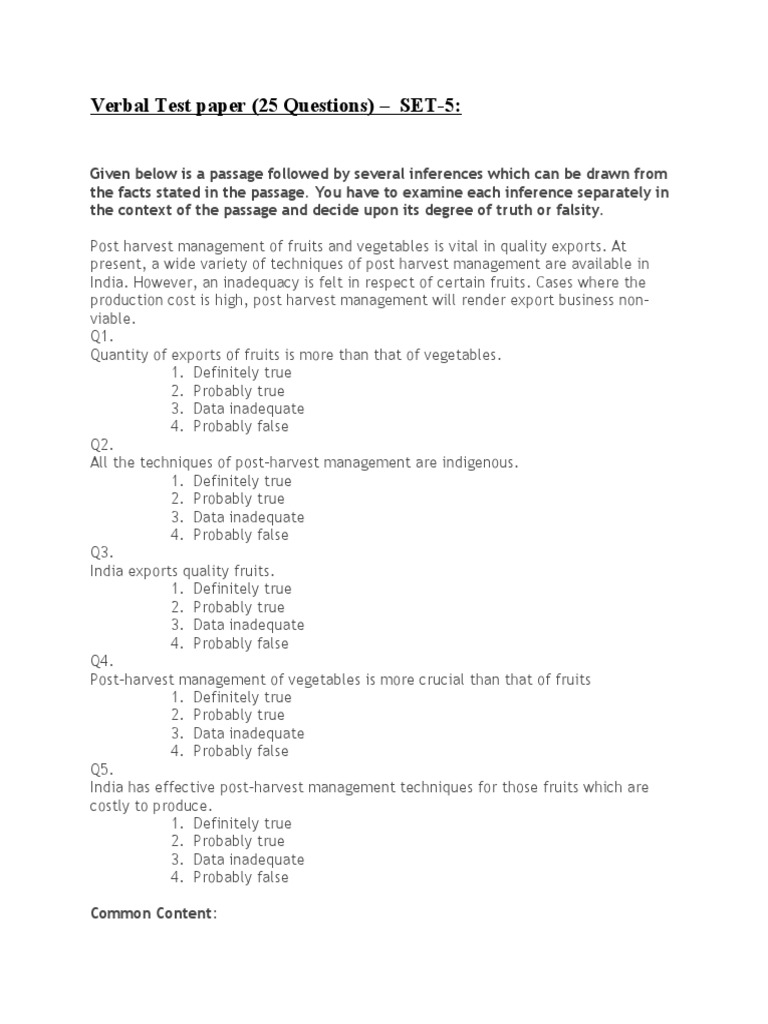 Verbal Test Paper (25 Questions) - SET-5 | PDF | New World | Linguistics
