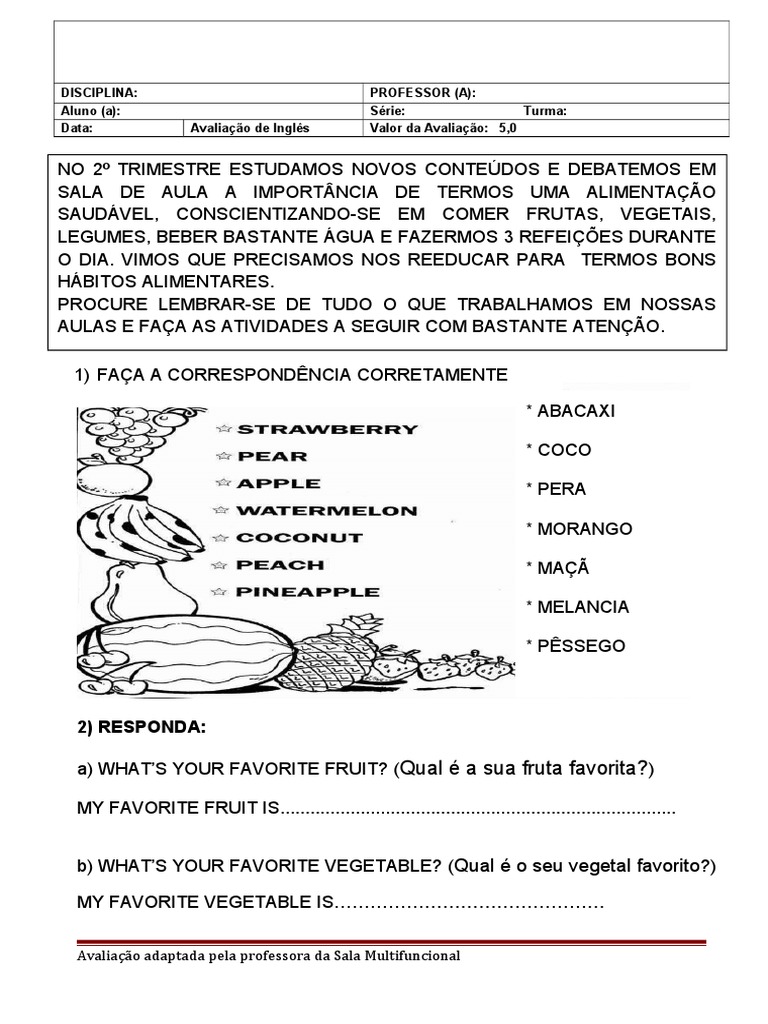 Atividades de Inglês sobre Frutas 4º Ano | PDF | Ingredientes de ...