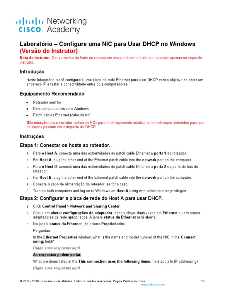 6.1.2.7 Lab - Configure A NIC To Use DHCP in Windows - ILM | PDF | Sistema de Nomes de Domínio ...