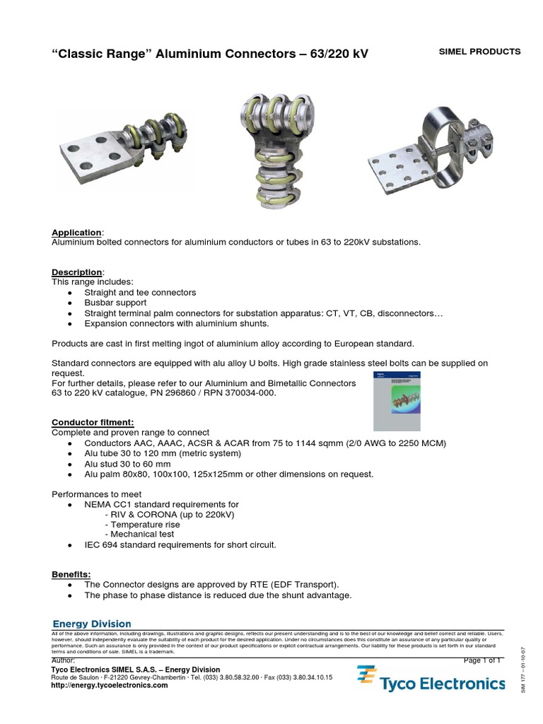 "Classic Range" Aluminium Connectors - 63/220 KV: Simel Products | PDF ...